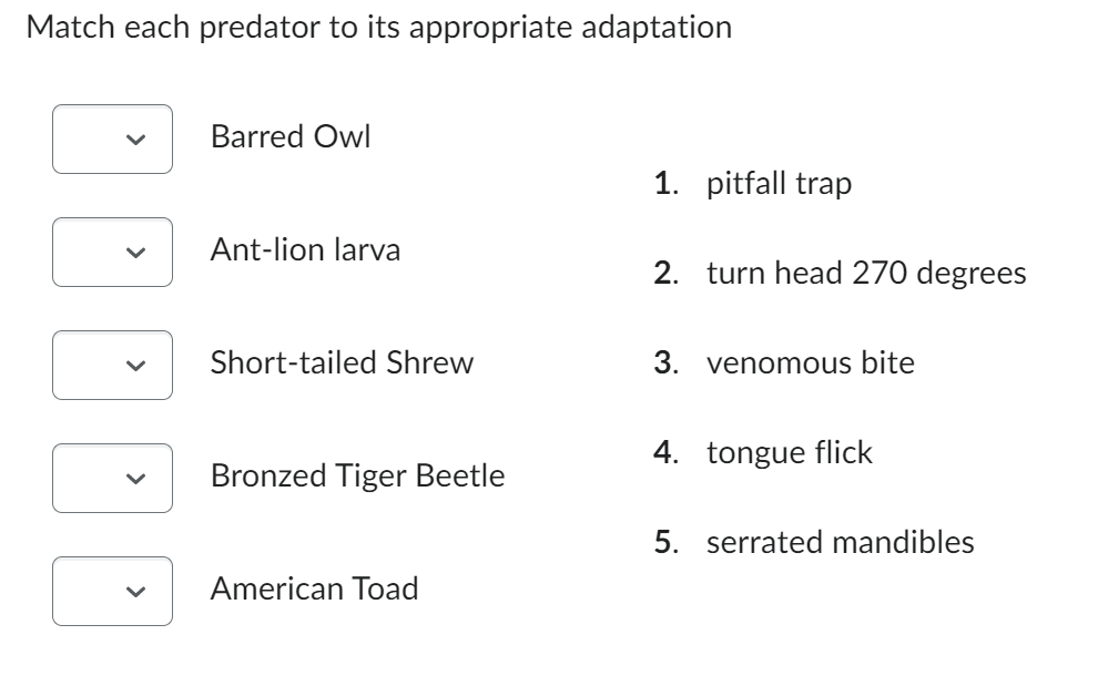 Solved Match each predator to its appropriate adaptation | Chegg.com