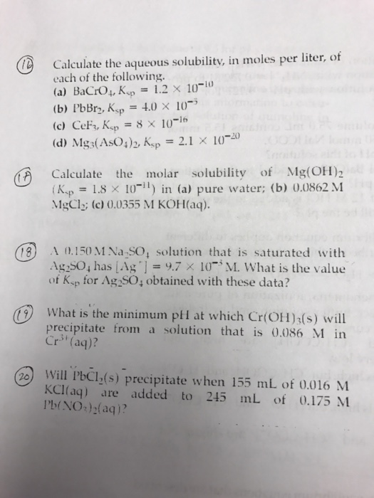 Solved Calculate the aqueous solubility, in moles per liter, | Chegg.com