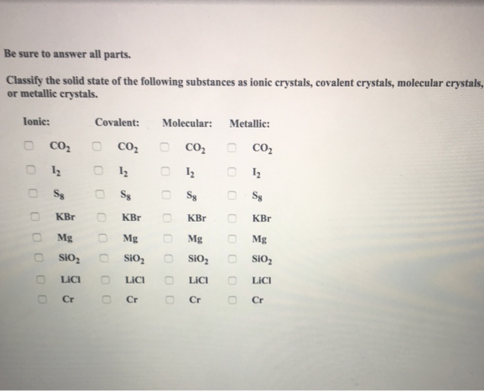 Solved Be sure to answer all parts. Classify the solid state | Chegg.com