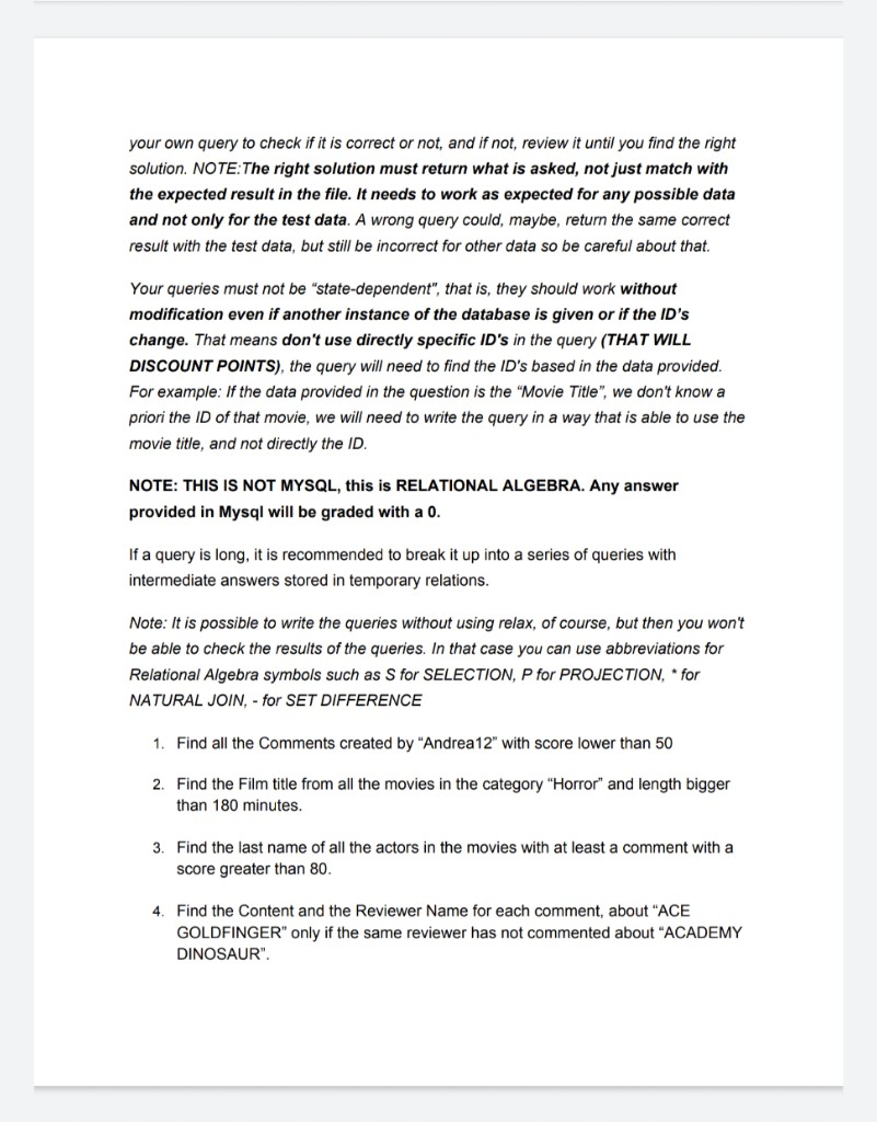 Solved Assignment 2 Relational Algebra Points: 50 | Chegg.com