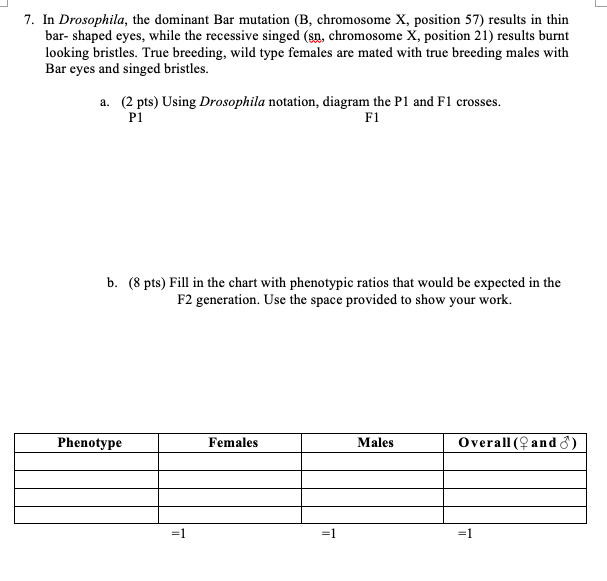 Solved 7. In Drosophila, the dominant Bar mutation (B, | Chegg.com