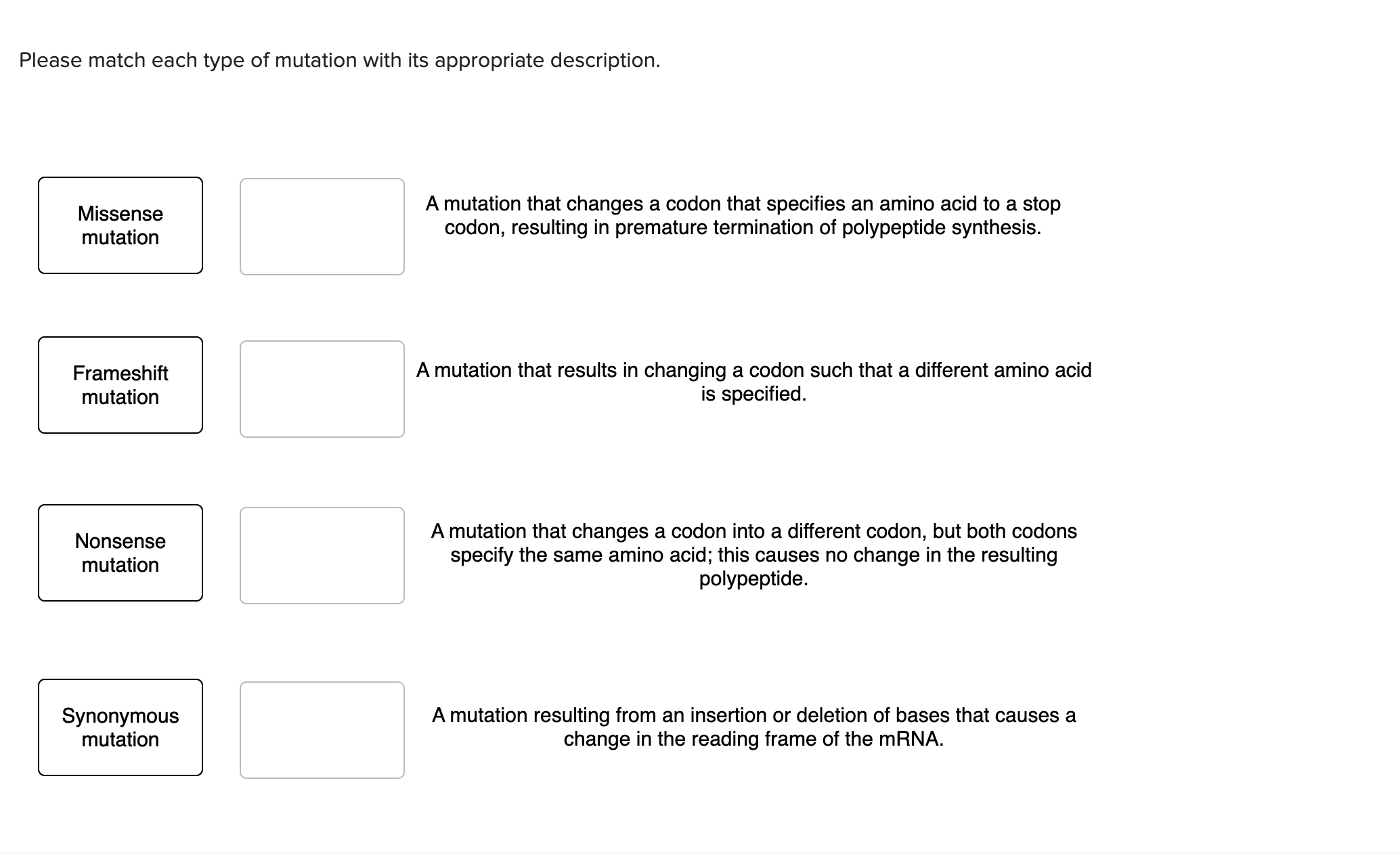 Solved Please match each type of mutation with its | Chegg.com