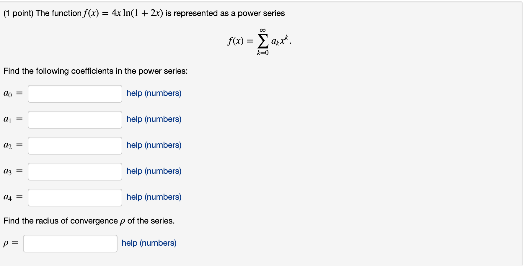 Solved (1 point) The function f(x) = 4x ln(1 + 2x) is | Chegg.com