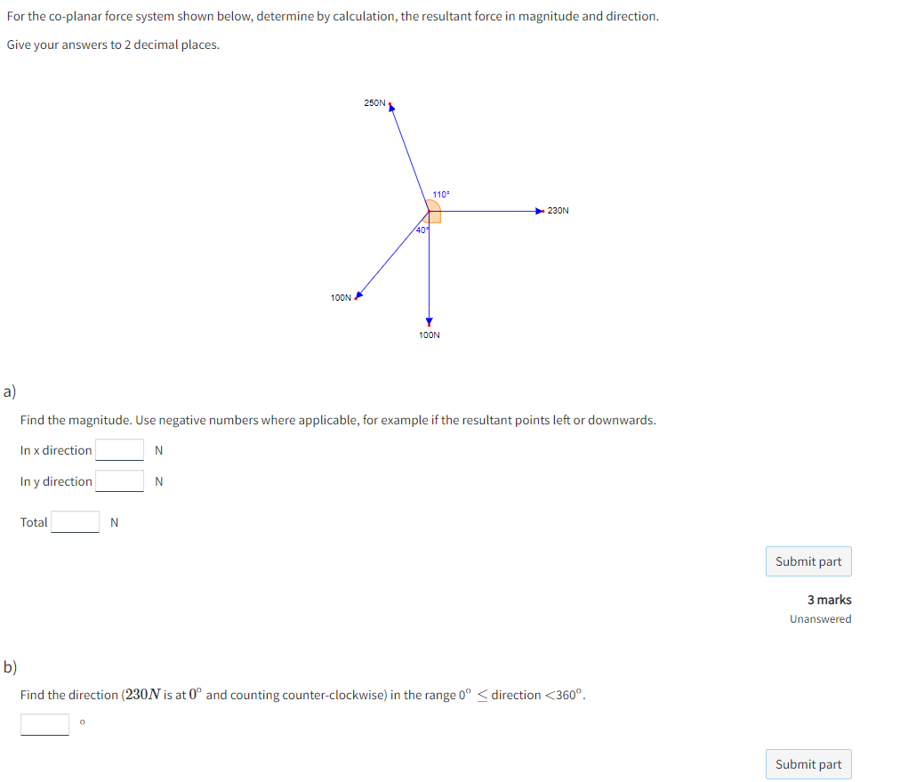 Solved For the co-planar force system shown below, determine | Chegg.com