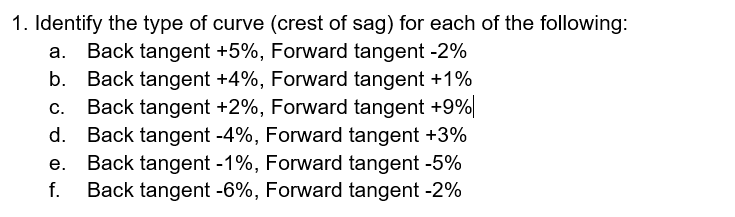 Solved 1. Identify the type of curve (crest of sag) for each | Chegg.com