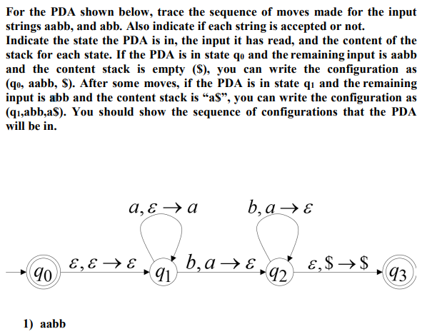 Solved For the PDA shown below, trace the sequence of moves | Chegg.com