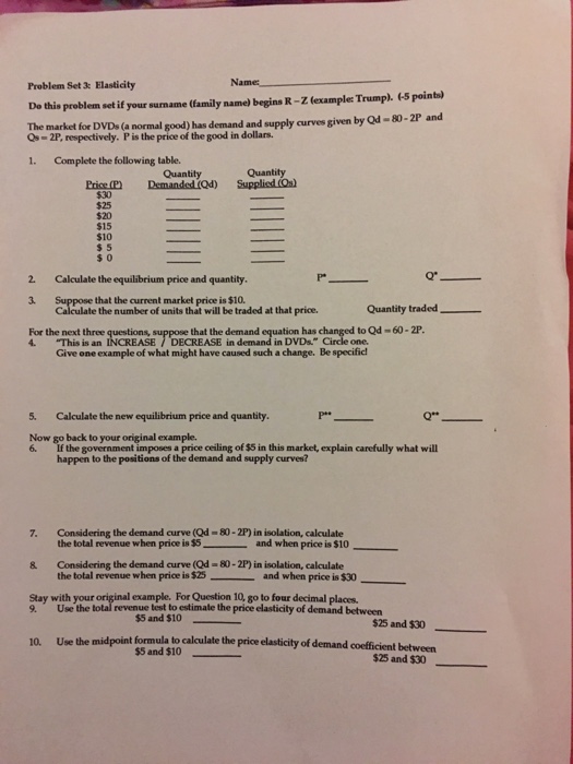 Solved Problem Set 3 Elasticity De this problem set if your | Chegg.com Solved Problem Set 3 Elasticity De this problem set if your | Chegg.com