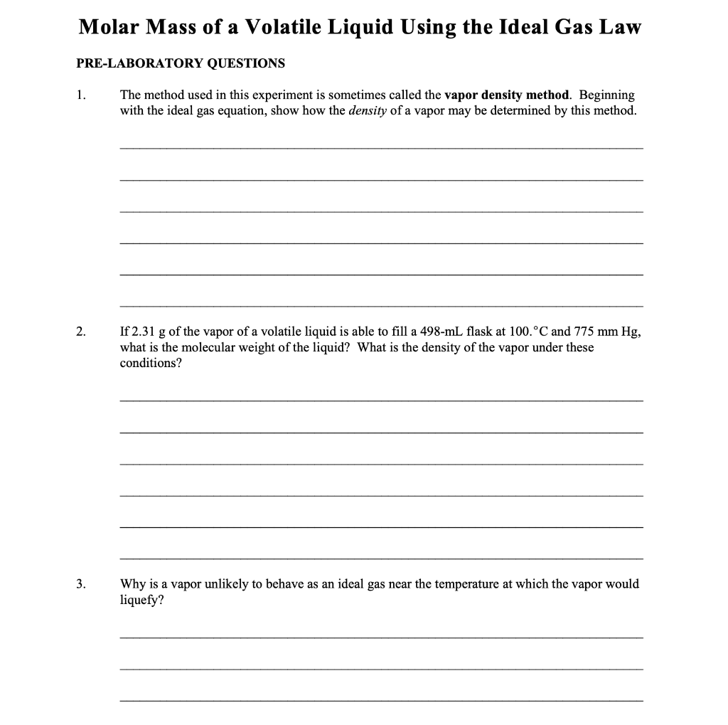 Solved Molar Mass of a Volatile Liquid Using the Ideal Gas | Chegg.com