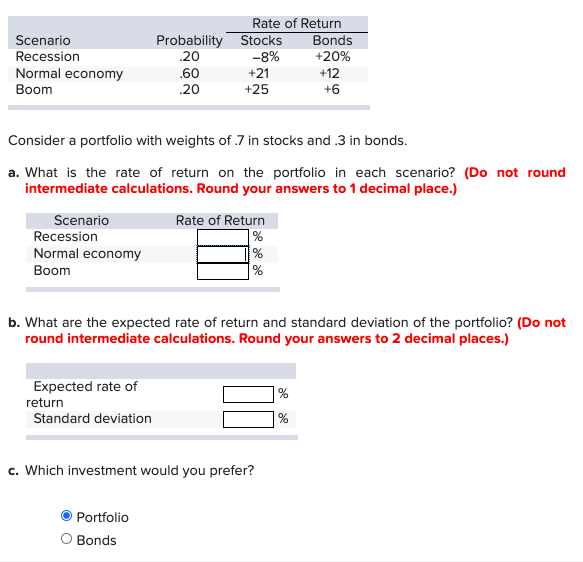 Solved Scenario Recession Normal economy Boom Rate of Return | Chegg.com