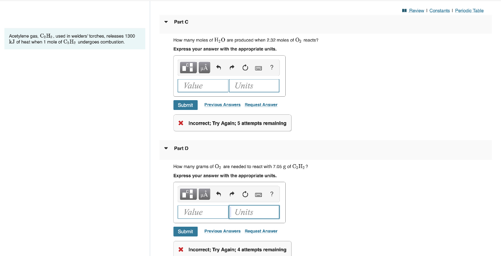 Solved A Review Constants Periodic Table Part Acetylene gas, | Chegg.com