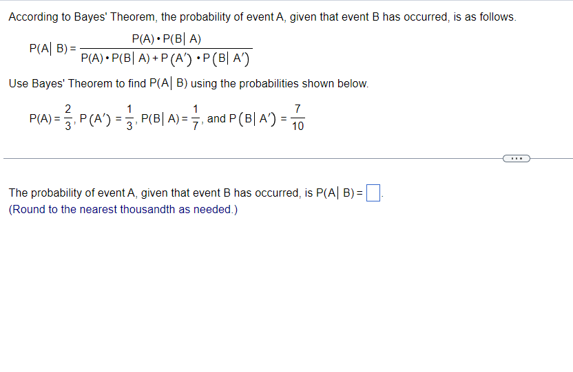 Solved According to Bayes' Theorem, the probability of event | Chegg.com