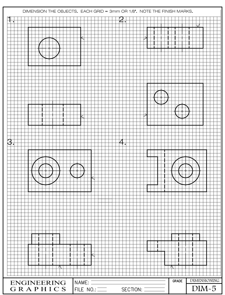 Solved Dimension the objects. Each grid = 3mm OR 1/8'. NOTE | Chegg.com