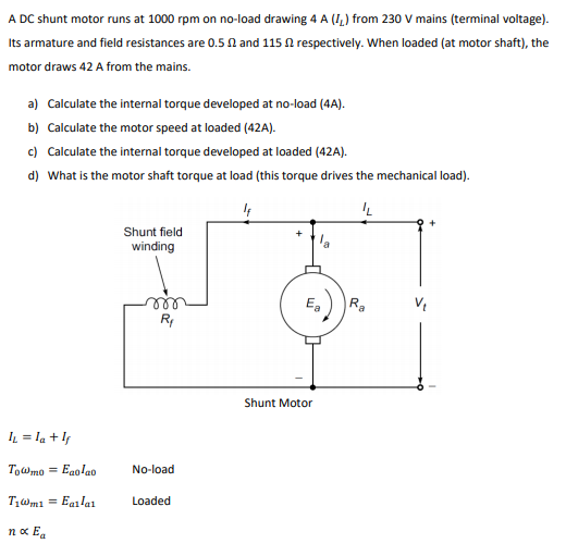 Solved A DC shunt motor runs at 1000 rpm on no-load drawing | Chegg.com