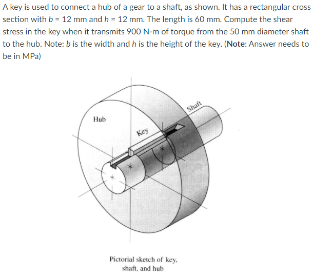 Solved A key is used to connect a hub of a gear to a shaft, | Chegg.com