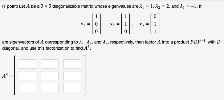 Solved ( 1 point) Let A be a 3×3 diagonalizable matrix whose | Chegg.com