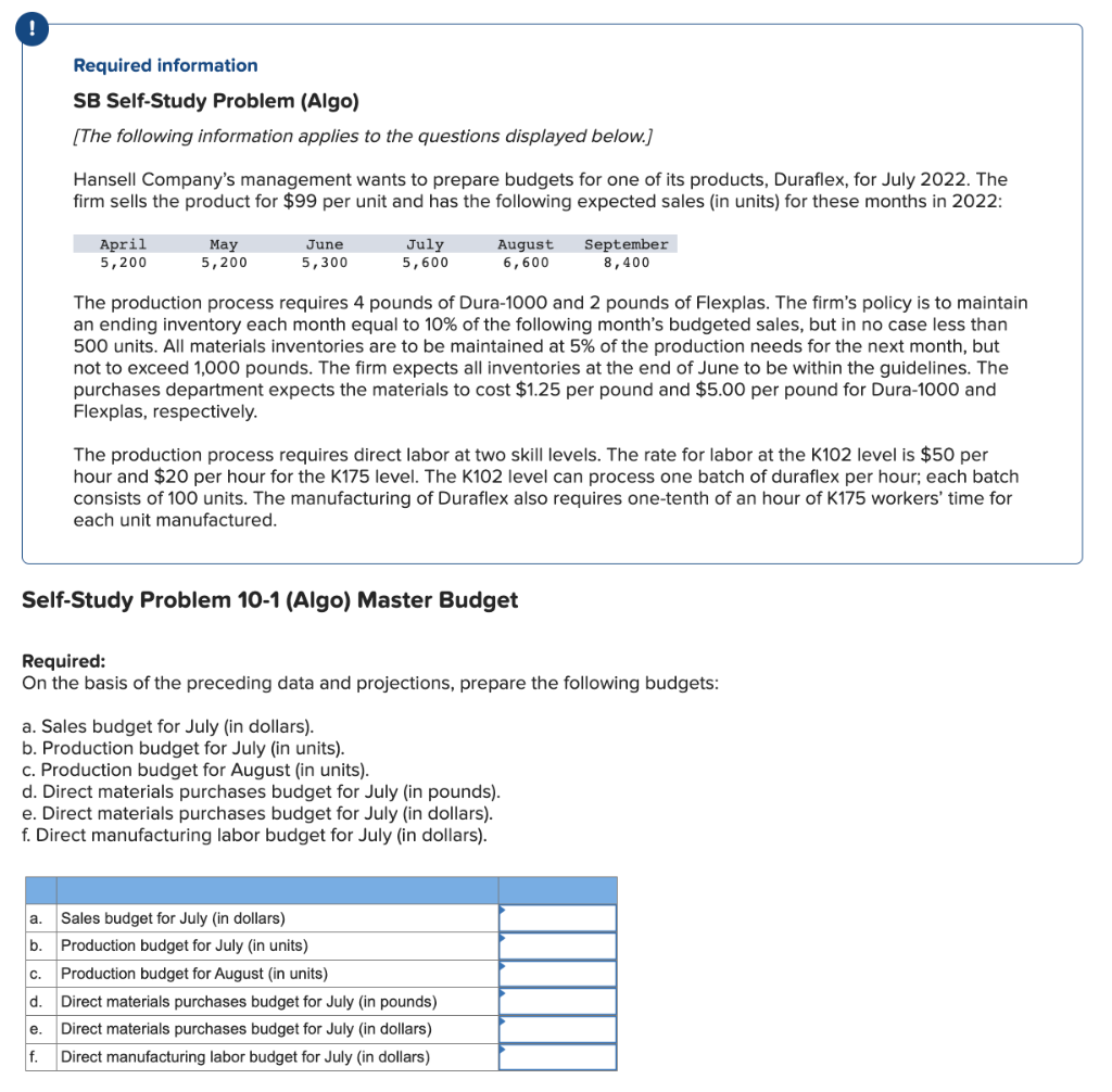 Solved Required information SB Self-Study Problem (Algo) | Chegg.com