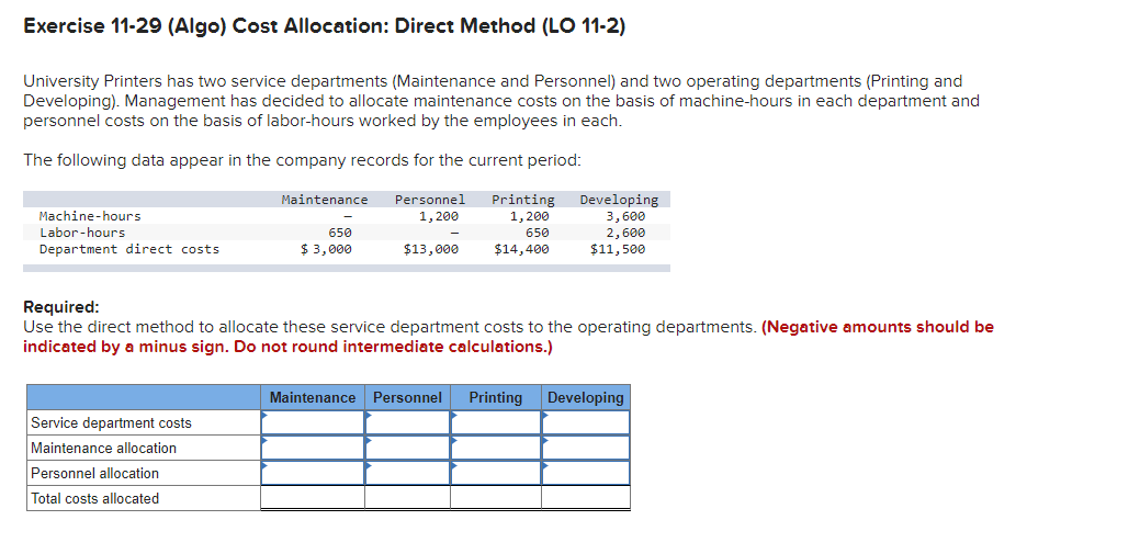 Solved Exercise 11-29 (Algo) Cost Allocation: Direct Method | Chegg.com
