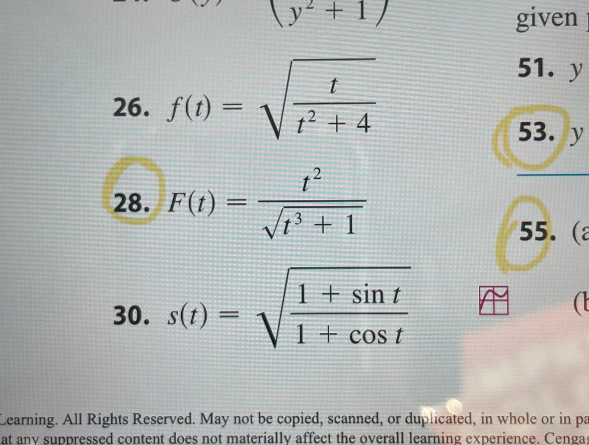Solved 26. f(t)=t2+4t 28. F(t)=t3+1t2 30. s(t)=1+cost1+sint | Chegg.com