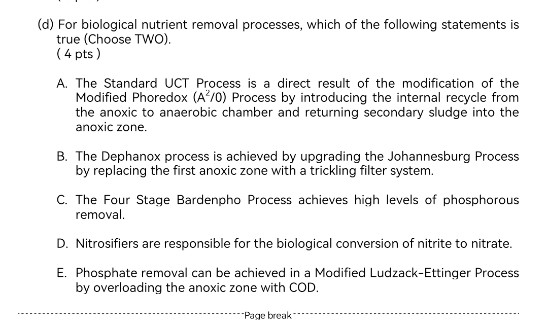 Solved (d) For biological nutrient removal processes, which | Chegg.com