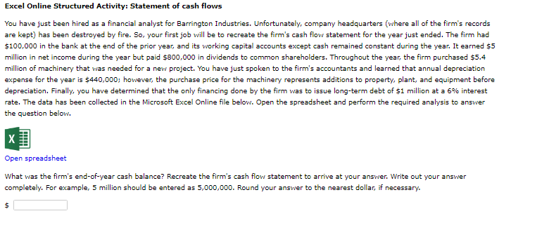 Solved Excel Online Structured Activity: Statement of cash | Chegg.com