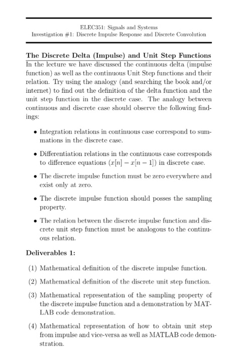 Solved ELEC351: Signals and Systems Investigation 1: | Chegg.com
