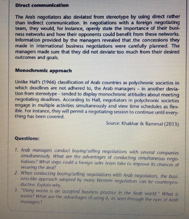 Solved MINI-CASE: Arab-style negotiation Working in small | Chegg.com