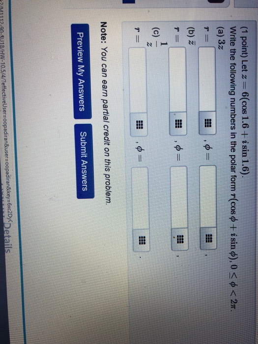 Solved (1 point) Write the complex number z =-10 + 4z in | Chegg.com