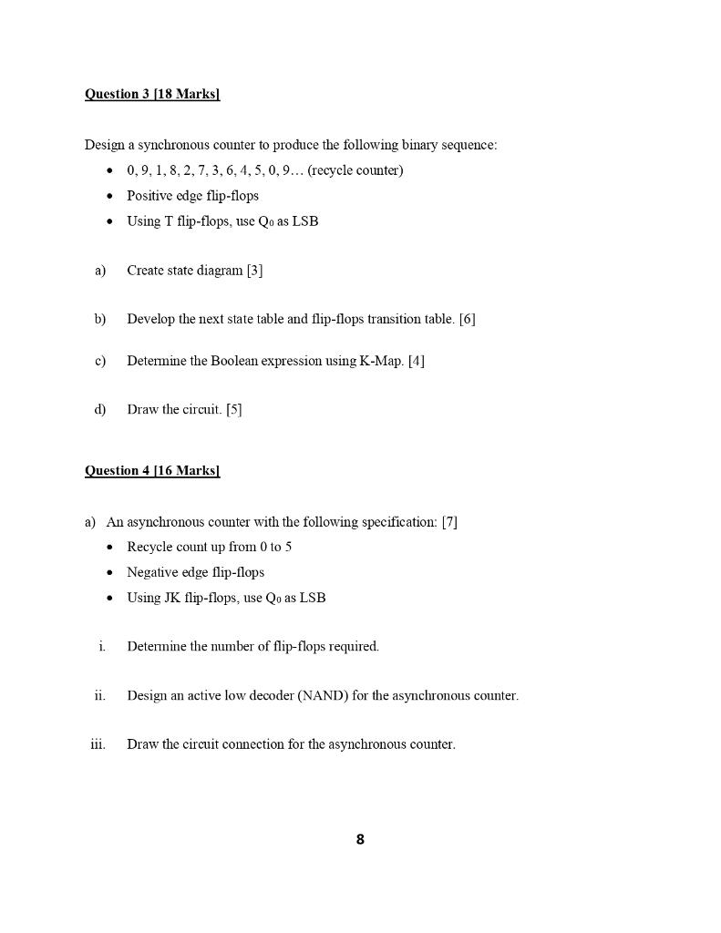 Solved Question 3 18 Marks Design a synchronous counter to | Chegg.com