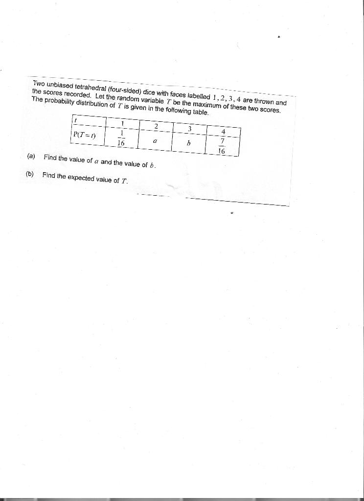 Solved Two unbiased tetrahedral (four-sided) dice with faces | Chegg.com