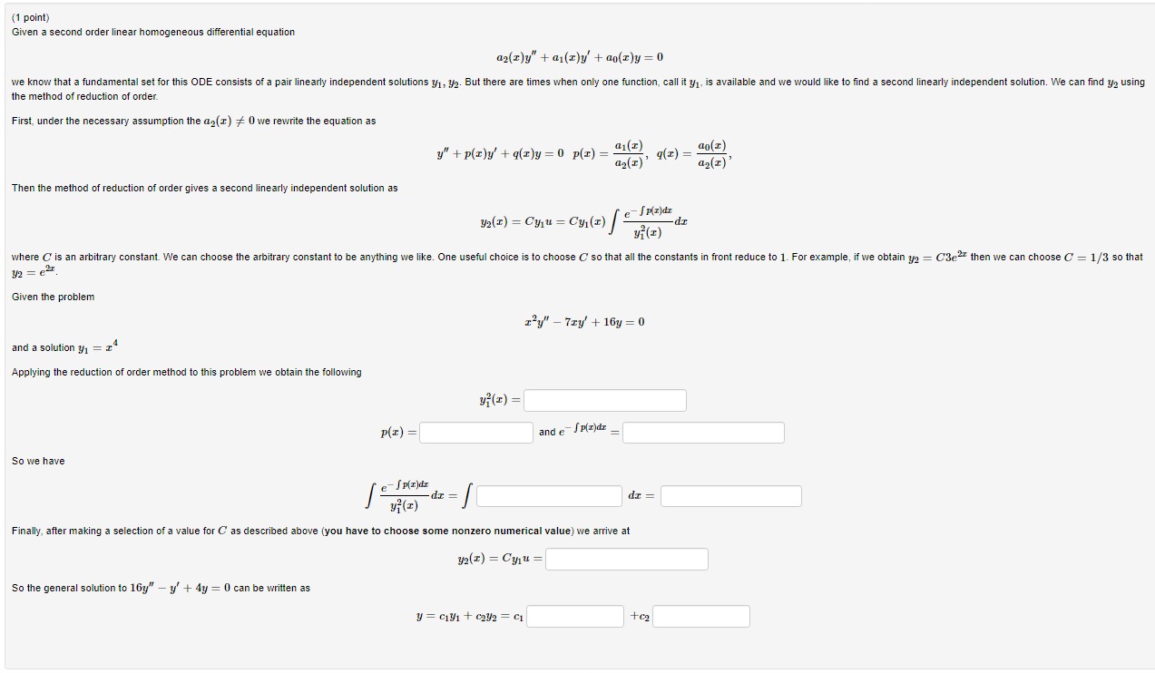 Solved (1 ﻿point)Given a second order linear homogeneous | Chegg.com
