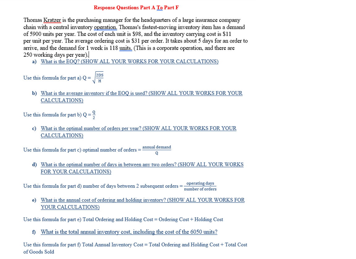 Solved Response Questions Part A To Part F Thomas Kratzer is | Chegg.com