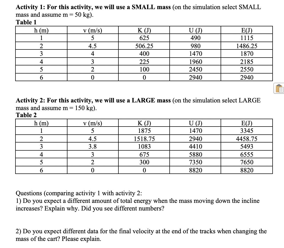 Solved 50 kg). Activity 1: For this activity, we will use a | Chegg.com