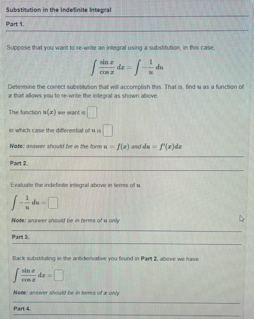 Solved Substitution in the Indefinite Integral Part 1. | Chegg.com