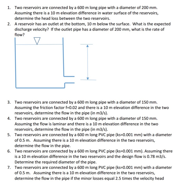 Solved 1. Two reservoirs are connected by a 600 m long pipe | Chegg.com
