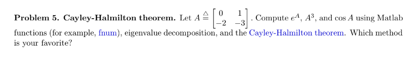 Solved Problem 5. Cayley-Halmilton theorem. Let A≜[0−21−3]. | Chegg.com