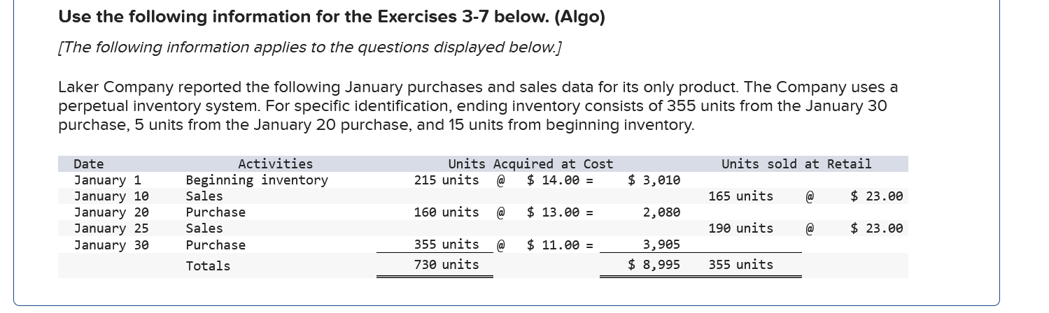 Solved Use the following information for the Exercises 3-7 | Chegg.com