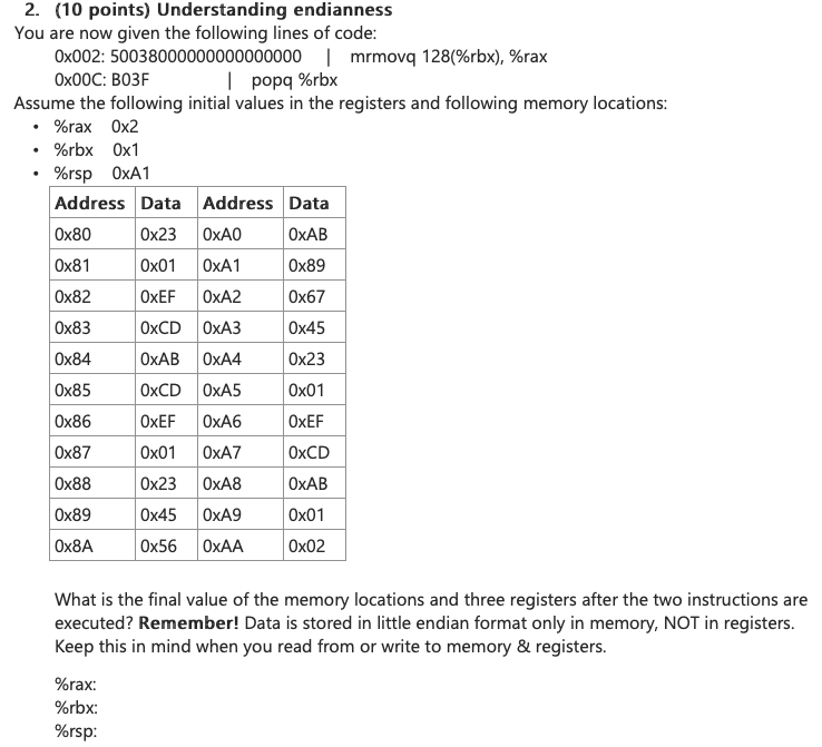 2. (10 points) Understanding endianness You are now | Chegg.com