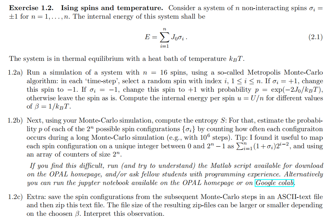 Exercise 1.2. Ising spins and temperature. Consider a | Chegg.com