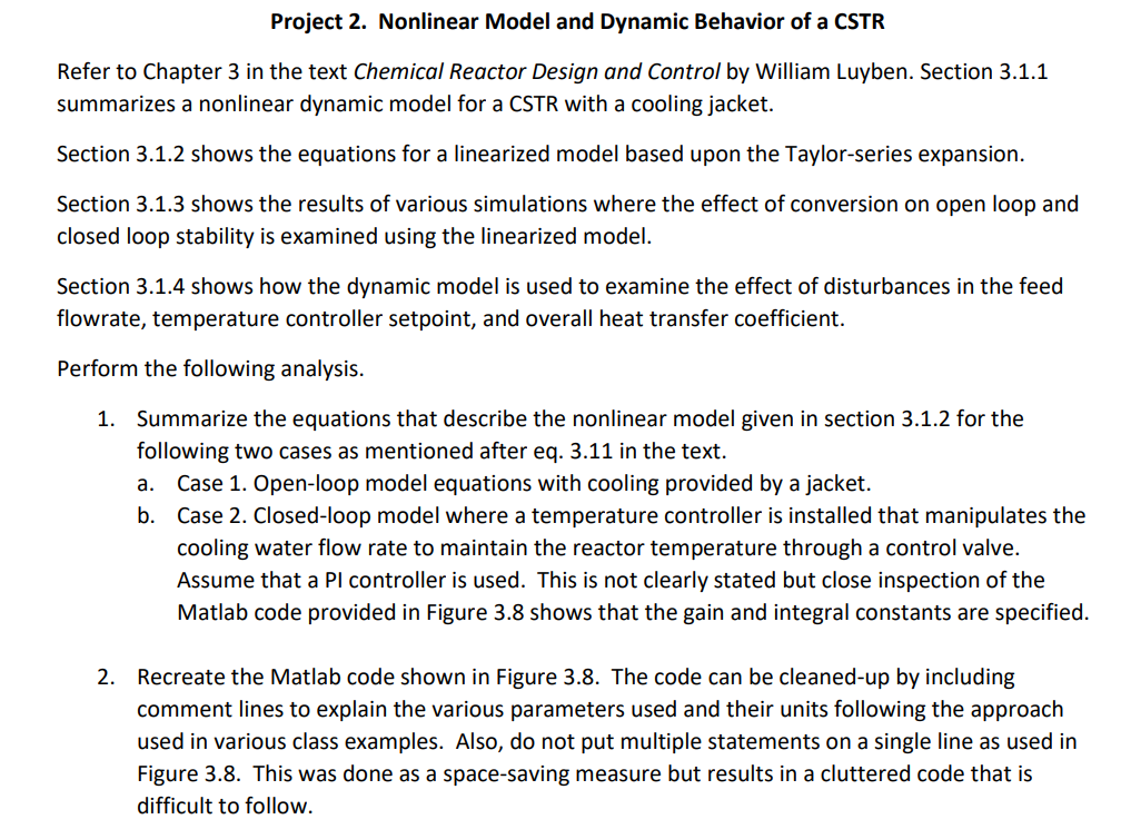 Solved Project 2. ﻿Nonlinear Model and Dynamic Behavior of a | Chegg.com