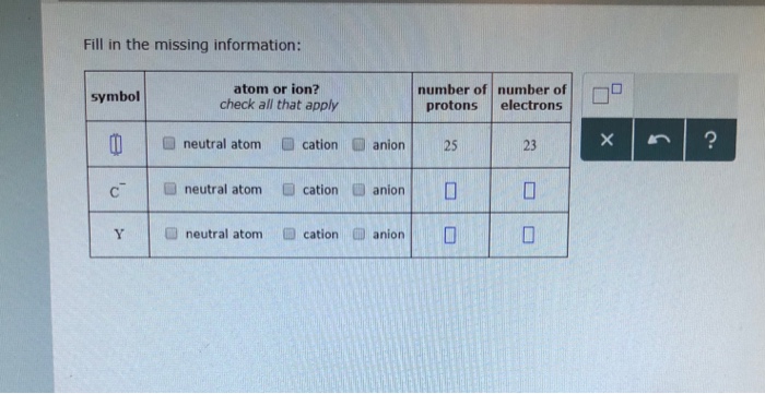 Solved Fill in the missing information: atom or ion? check | Chegg.com