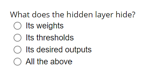 Solved What does the hidden layer hide? Its weights Its | Chegg.com