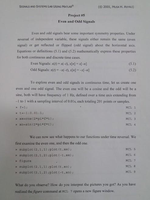 Solved SIGNALS AND SYSTEMS LAB USING MATLAB (© 2001, MUSA H. | Chegg.com