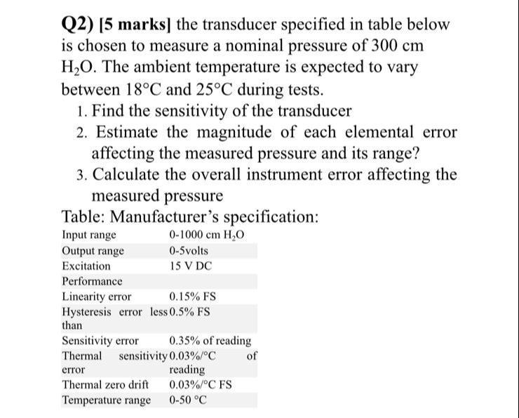 Solved Q2) [5 marks) the transducer specified in table below | Chegg.com