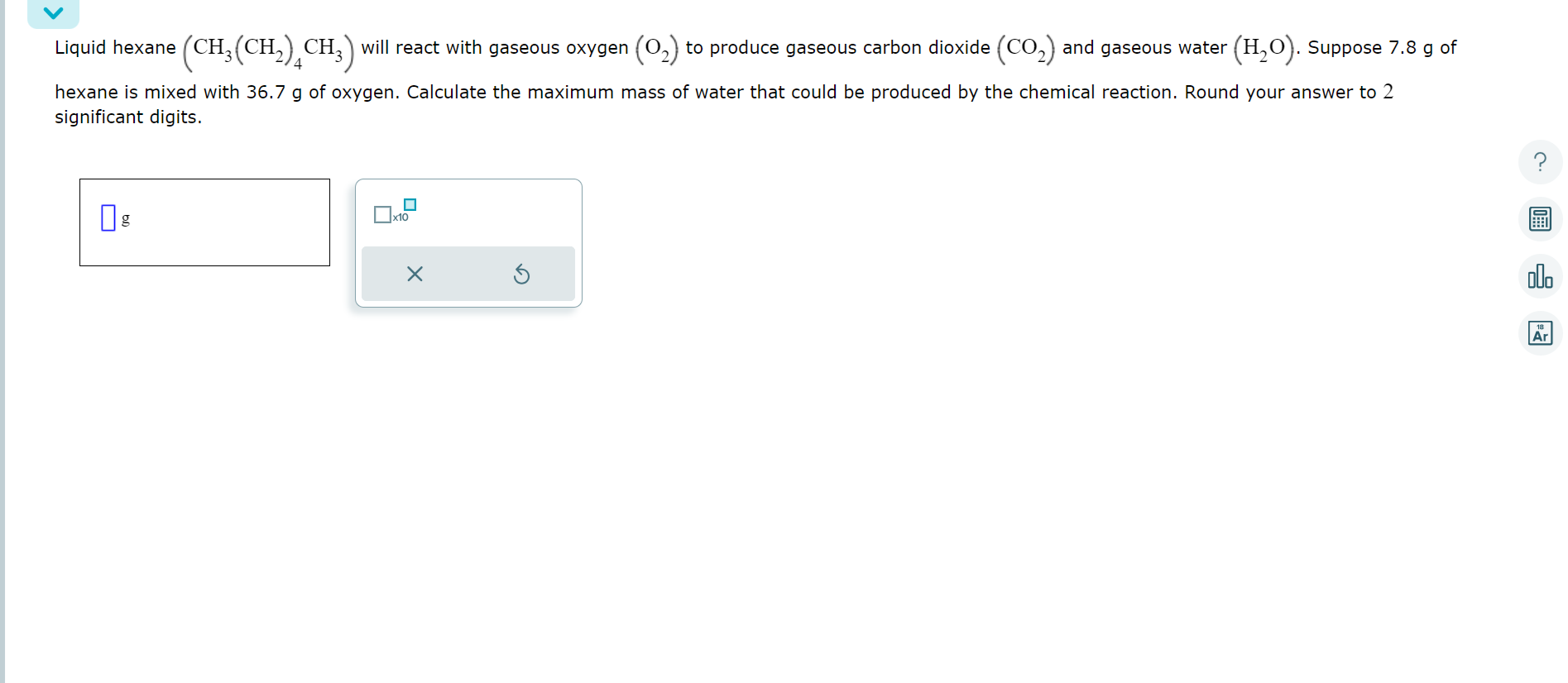 Solved Liquid hexane (CH3CH24CH3) will react with gaseous | Chegg.com Solved Liquid hexane (CH3CH24CH3) will react with gaseous | Chegg.com