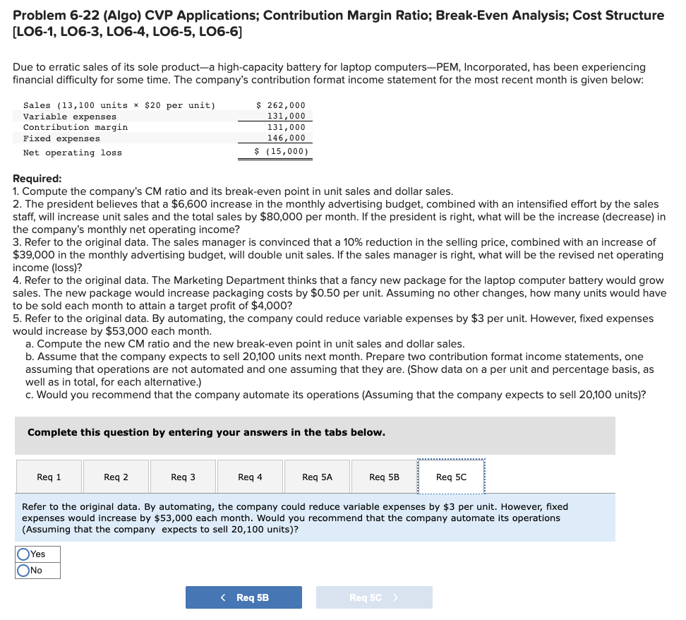 [Solved]: Problem 6-22 (Algo) CVP Applications; Contributi