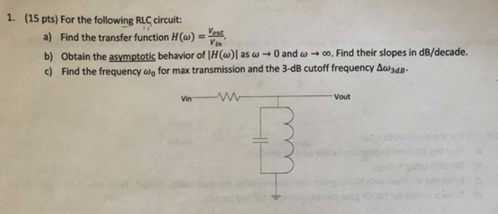 Solved For the following RLC circuit a) find the transfer | Chegg.com