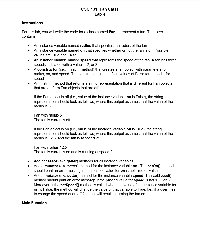 Solved CSC 131: Fan Class Lab 4 Instructions For this lab, | Chegg.com