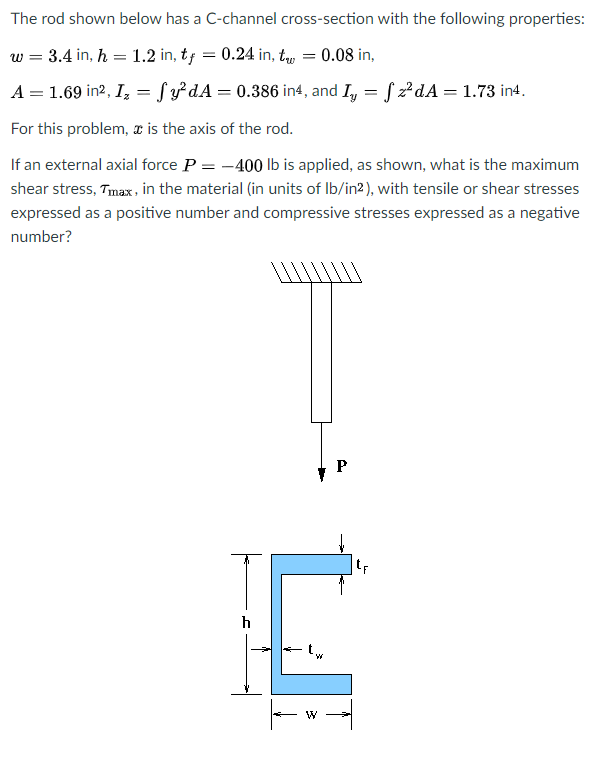 Solved W= The rod shown below has a C-channel cross-section | Chegg.com