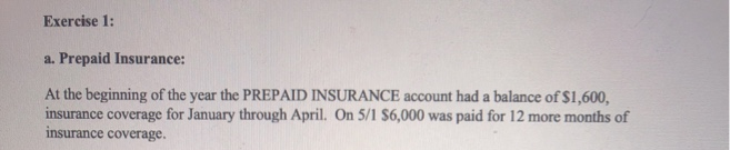 Solved Exercise 1: a. Prepaid Insurance: At the beginning of | Chegg.com