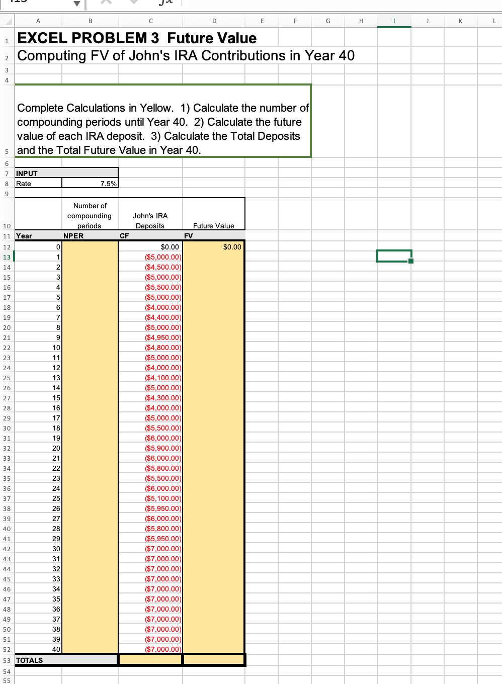 Solved A B с с D E F G H EXCEL PROBLEM 3 Future Value 1 2 | Chegg.com